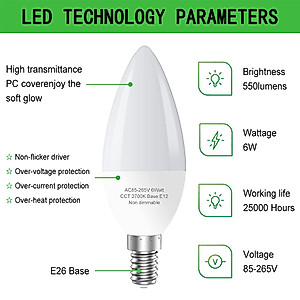 6-Pack E12 LED Ceiling Fan Light Bulbs, 60 Watts Equivalent Candelabra LED Light Bulbs, Type B Light Bulb for Chandelier, Candle Lightbulbs, Non-Dimmable, 5000K Daylight, 6 Pcs