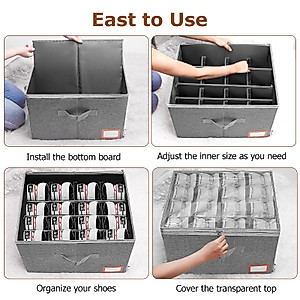 PENGLONG Adjustable Storage Bins for Closet, 16Pairs Wardrobe Clothes Organizer, Shoe Bin, Shoe Organizer, Closet Storage Solution with Clear Window (16PairsDarkGrey)