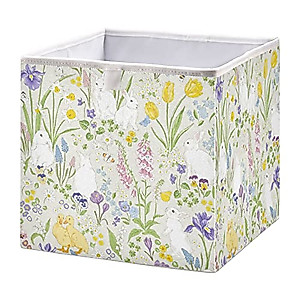 Kigai Rectangular Storage Bin Cute Bunny and Floral Foldable Storage Basket Toy Storage Box for Home Organizing Shelf Closet Bins, 15.8 x 10.6 x 7-Inch