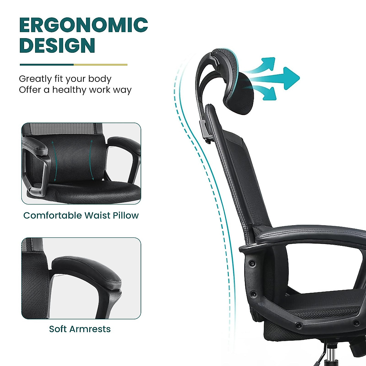 SMUG Ergonomic Mesh High Back Computer Adjustable Headrest,Lumbar Support, Tilt Function,Swivel Rolling, Soft PU Armrest Task Home Office Desk Chairs, Black