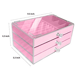 Jemjosh Clear Acrylic Velvet Jewelry Organizer with 3 Drawers, Stackable Display Storage Earrings Necklace Rings Bracelets Box Holder Case for Women, Pink
