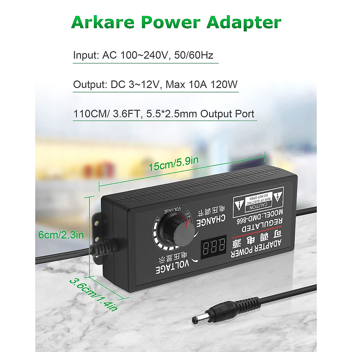 Arkare Universal Power Supply 120W AC Adapter Adjustable Power Adapter 4.5V 5V 9V 12V 10A 8A 6A 5A 3A 1A AC/DC AC 100-240V to DC 4~12V Multi Voltage Switching with 15 Tips & Polarity Converter