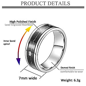 ALEXTINA 7MM Smooth Stainless Steel Spinner Rings for Women Men Heartbeat Couple Rings Black Size 6