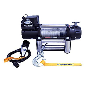 Superwinch 1595200 Tiger Shark 9500 12V DC Winch 9,500lb/4,309kg Single Line Pull with Roller Fairlead, 21/64" x 95' Steel Wire Rope, Corded Handheld Remote