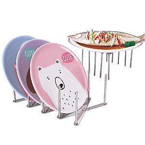 2Pcs Kitchen Dish Plate Pot Lid Organizer Holder Adjustable Length Stainless Steel Chopping Board Organizer Stand Holder Countertop Drain Storage Shelf for Pan Lids, Plates, Dishes, Cutting Boards