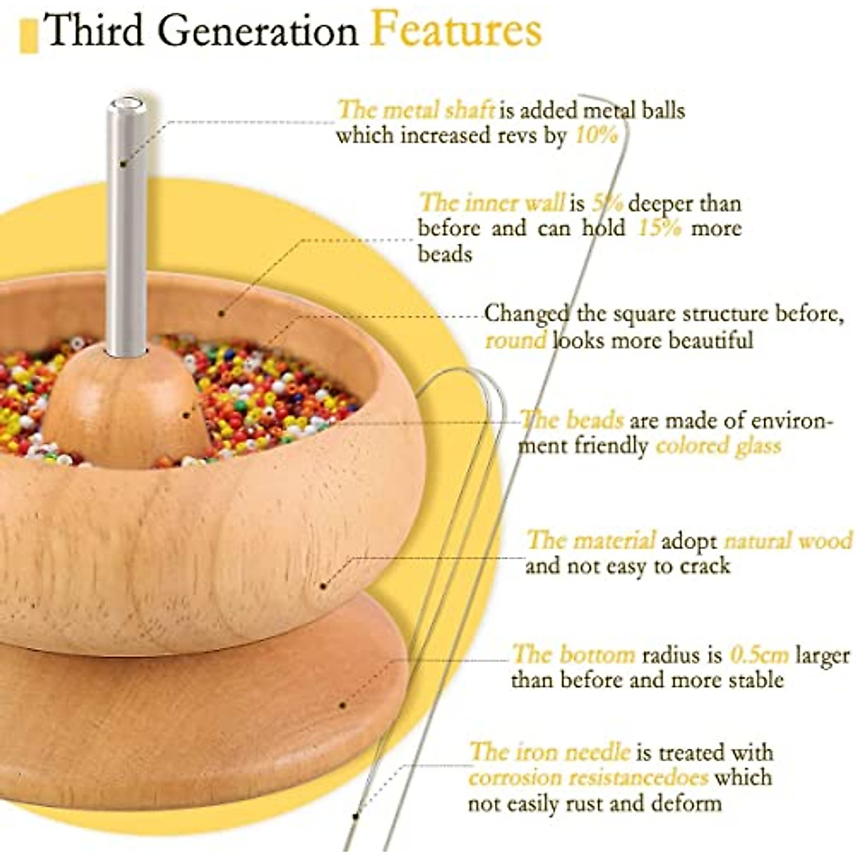 hobbyworker The Upgrade Version Wooden Bead Spinner with 2 Pcs Big Needles,8000 Pcs Seed Beads and 1 Surprise Gift Pack for Jewelry Making Tools,Quickly Stringing Beads Tool