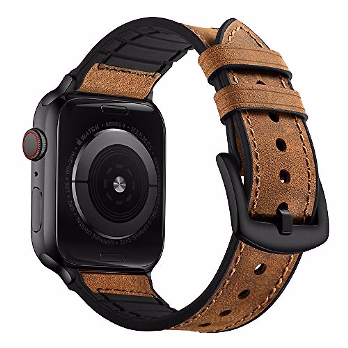 OUHENG Compatible with Apple Watch Band 49mm 45mm 44mm 42mm, Sweatproof Genuine Leather and Rubber Hybrid Band Strap for iWatch Ultra Series 8 7 6 5 4 3 2 1 SE2 SE, Brown Band with Black Adapter