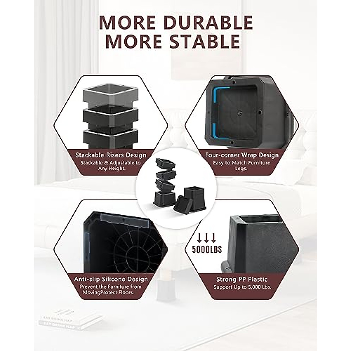 Affogato Bed Risers (Pack of 16) Adjustable Furniture Risers Lift Heights 2, 3, 4 or 5 Inch Heavy Duty Lifts Up to 5,000 lbs Bed Lifts Risers for Bed Frame Sofa Couch Desk and Table, Black