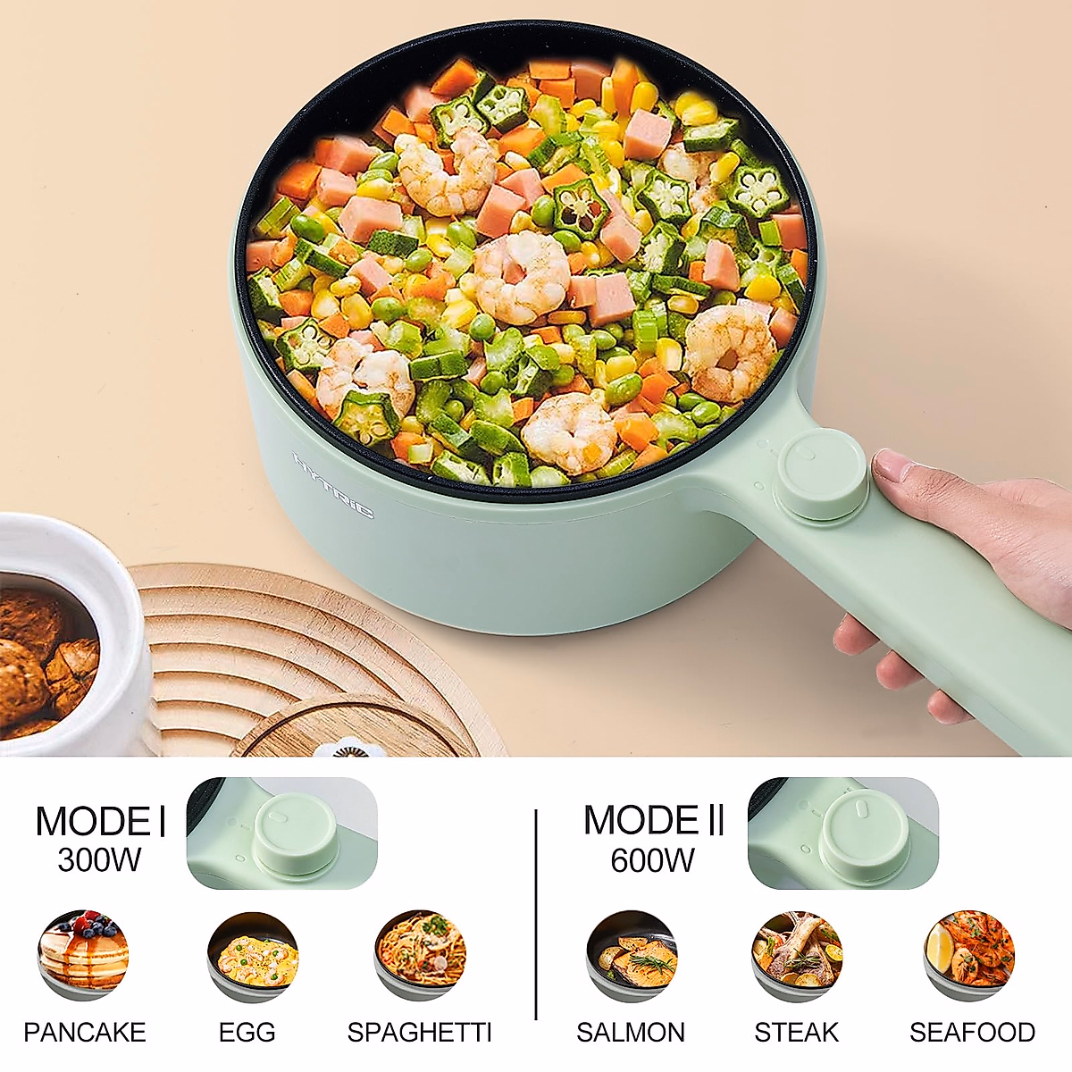 HYTRIC Hot Pot Electric, 1.5L Portable Non-stick Frying Pan, Electric Cooker for Steak, Egg, Pasta, Ramen Cooker with Dual Power Control, Mini Electric Pot for Office, Dorm Room Essential, Green