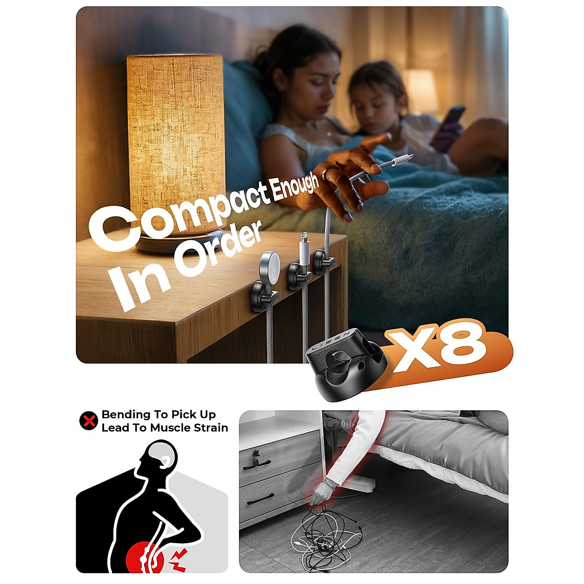 8-Pack Magnetic Cable Clips [1S Snap-On] Cord Holder, LISEN Office Desk Organizers and Accessories with 4 Extra Strong Adhesive Pads, Wire Organizer for Nightstand, Home, Wall, Car, Desktop