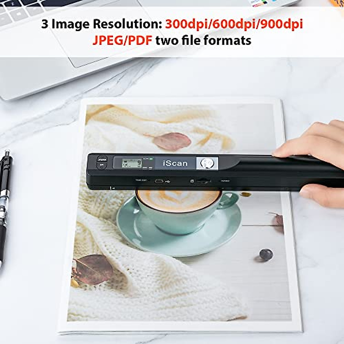 Portable Scanner 900 DPI A4 Document Scanner Handheld for Business, Photo, Picture, Receipts, JPG/PDF Format Selection, Support Micro SD (Not Included) Card, Include a Pair of AA Batteries