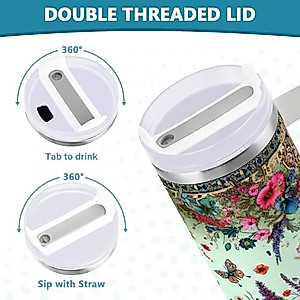 Maunzc 30 oz Tumbler with Handle and Straw, Insulated Stainless Steel Travel Mug with Lid for Coffee, Iced Tea, Water, Gift for Men Women (Butterflies and Herbs)