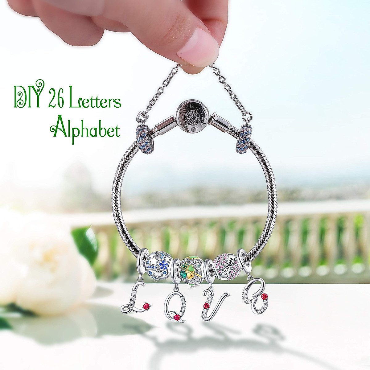 FOREVER QUEEN 925 Sterling Silver T Letter Initial Dangle Beads Charm Red Zircon Alphabet Pendants for Snake Chain Bracelets Necklace Gift Jewelry for Mother