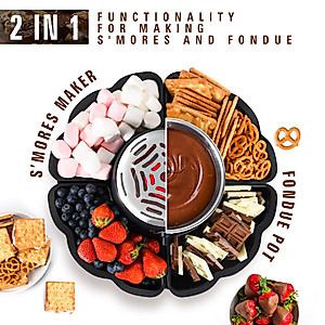 2 In 1 Smores Maker & Fondue Set, Tabletop Indoor Smores Kit, Marshmallow Roaster with Temp Control, 4 Detachable Trays & 4 Roasting Forks and 1 Heated Bowl, Movie Night Supplies & Housewarming Gifts