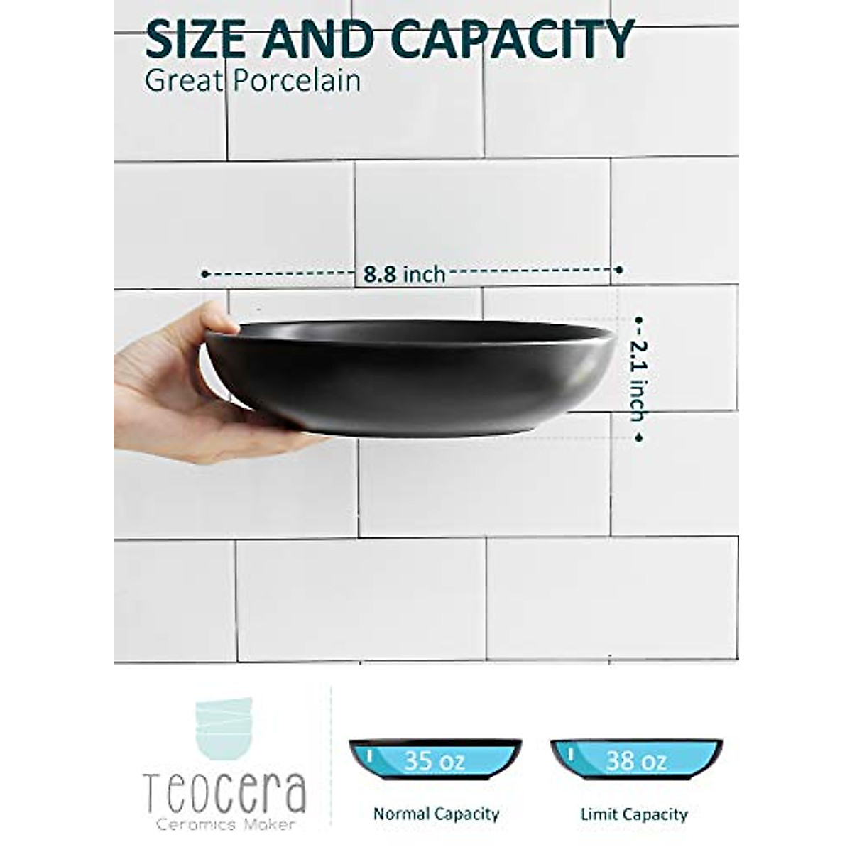 Teocera Pasta Bowls, Large Salad Bowls, Porcelain Bowl Set, Wide and Shallow, Microwave and Dishwasher Safe, 35 Ounce - Set of 4, Matte Black