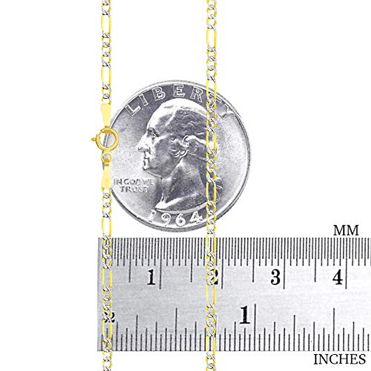 Nuragold 10k Yellow Gold 2mm Figaro Chain Link Diamond Cut Pave Two Tone Pendant Necklace, Womens Mens Jewelry 16" 18" 20" 22" 24"