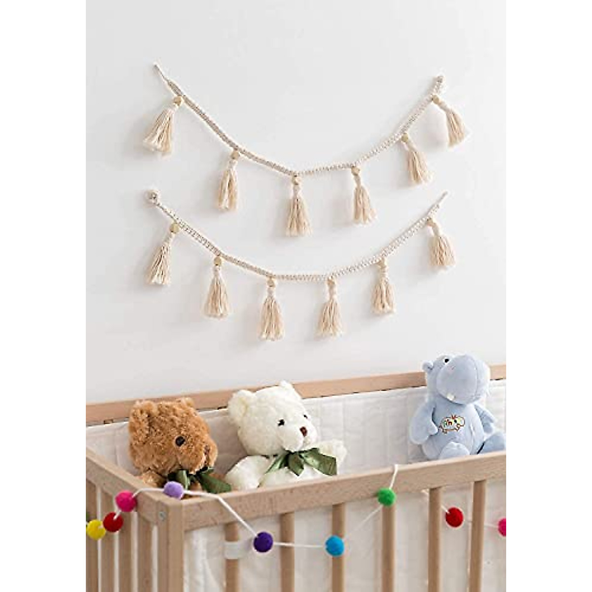 Dahey Wood Bead Garland with Tassels Banner Pom Pom Balls Garlands Decorative Wall Hanging for Boho Home Decor, Baby Shower, Nursey Room, Wedding, Birthday Christmas Party Decorations