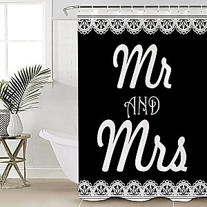 MUSEDAY 4 Pcs Shower Curtain Set Wedding Bathroom Decor Sets with Non-Slip Rugs, Toilet Lid Cover & Bath Mat Waterproof Curtains for Bathroom, Lace Pattern with Words Mr and Mrs