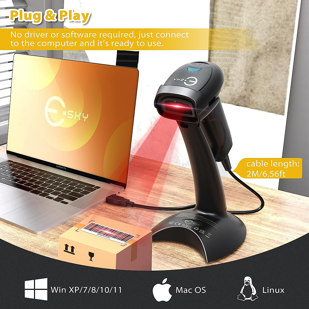 Esky Barcode Scanner with Stand, 1D 2D QR Code USB Wired Barcodes Scanner for Computer Support Windows/Mac/Linux, Handheld Bar Code Reader for Warehouse Library Supermarket Store