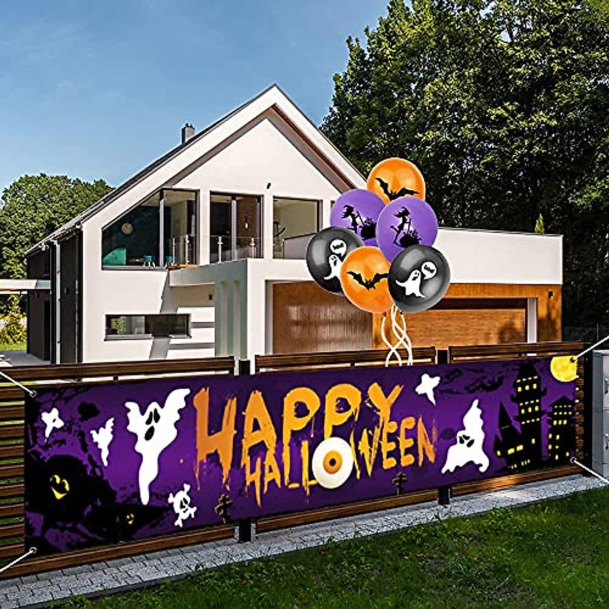 Extra Large Happy Halloween Banner Halloween Party Sign Banner Decorations Halloween Party Balloons Halloween Ghost Yard Sign Decoration Backdrop Photography Backdrop for Halloween Party(118” x 24”)