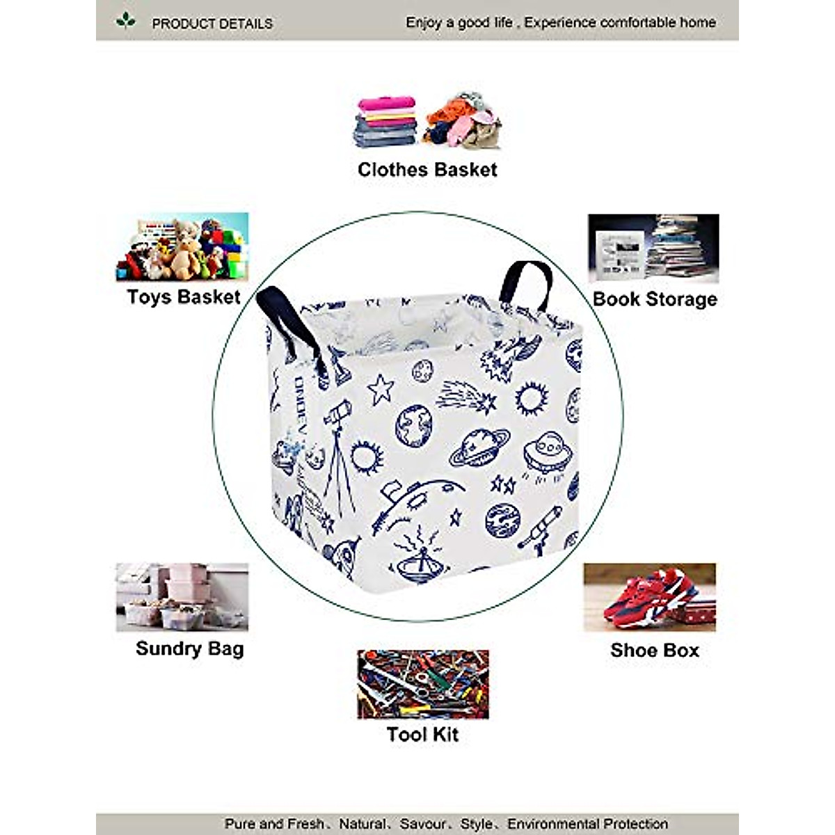 ONOEV Square Fabric storage box, decorative basket and finishing basket with handle are used for the storage of clothes, books and sundries (Blue Planet)