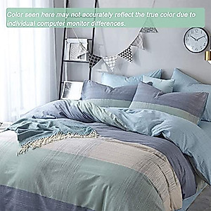 VM VOUGEMARKET Blue Patchwork Duvet Cover Set Queen Multi-Dimensional Design Modern Bedding Set Plaid Mint Green with Stripes Soft Cotton Comforter Cover with Zipper Closure-No Filling