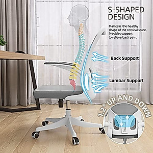 Monhey Office Chair - Ergonomic Office Chair with Lumbar Support & Flip Up Arms Home Office Desk Chairs Rockable Swivel High Back Computer Chair White Frame Grey Mesh Study Chair