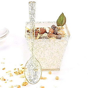 Tebery 100 Pack 8oz Gold Glitter Medium Plastic Dessert Cups With 100 Spoons Square Dessert Bowls for Tasting Party Desserts Appetizers