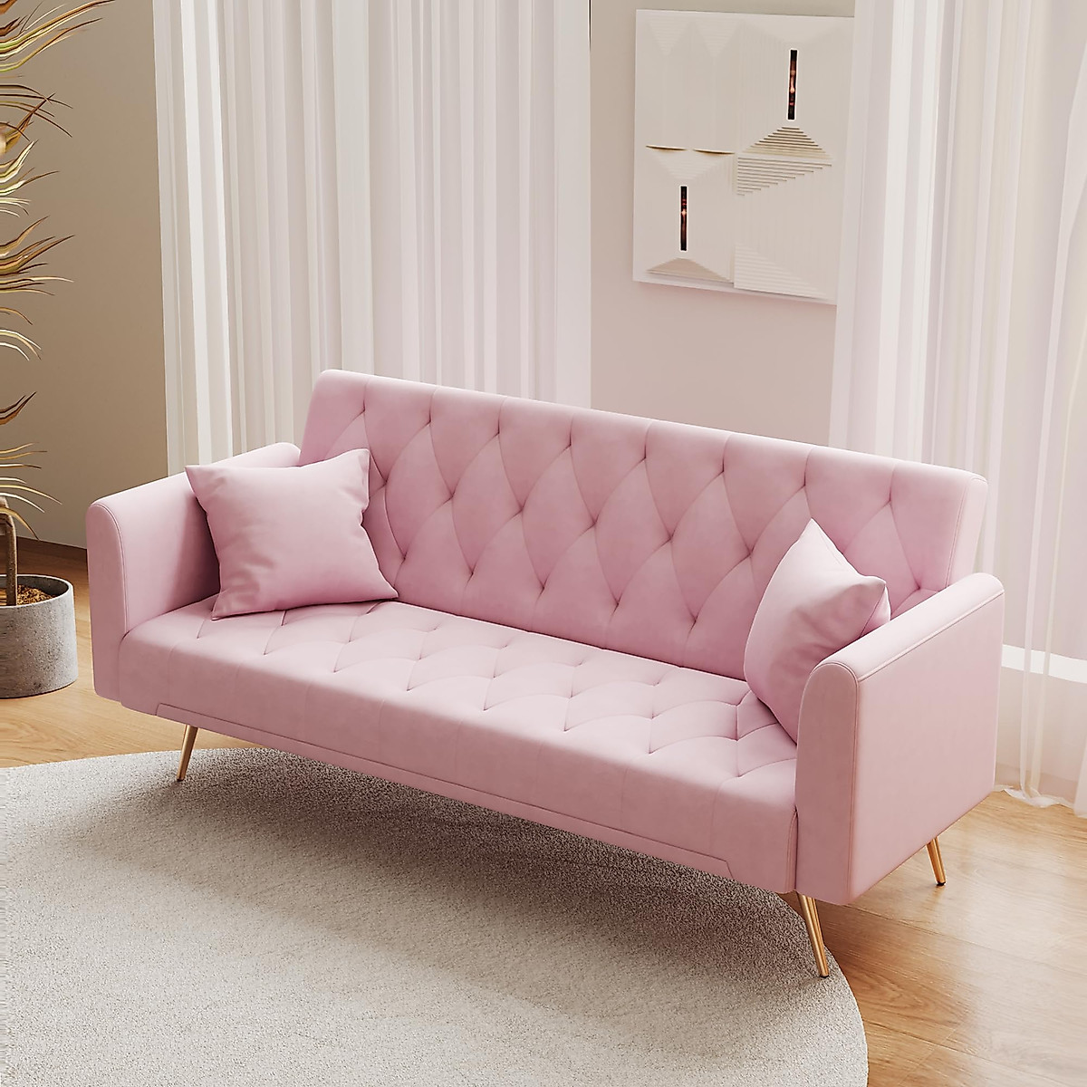 Modern Velvet Sofa Bed Futon with 2 Pillows,2-in 1 Convertible Sleeper Couch Bed,Folding Recliner Loveseat with Golden Metal Legs for Living Room Apartment Office (Pink) (Light Pink)