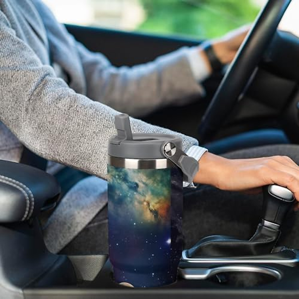 BWQJKUO Large Capacity Car Cup 30 Oz Stainless Steel Universe Galaxy Outer Space Printed Travel Mug Leak-proof Flip Straw Tumbler with Handle,keeps Cold Or Ho