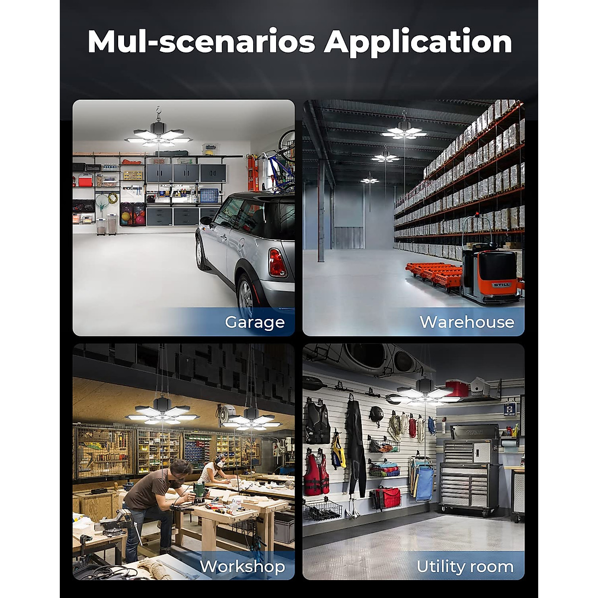 toberich 2-Pack Plug in Garage Light, 200W 20000LM Linkable LED Shop Light w/Pull Chain(ON/Off), 6+1 Deformable Panels, 6500K LED Ceiling Lights for Garage, Workshop, Warehouse, Barn