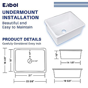 24 Undermount Kitchen Sink - Enbol 24x18 inch Undermount White Porcelain Kitchen Sink Single Bowl with Strainer PU2318
