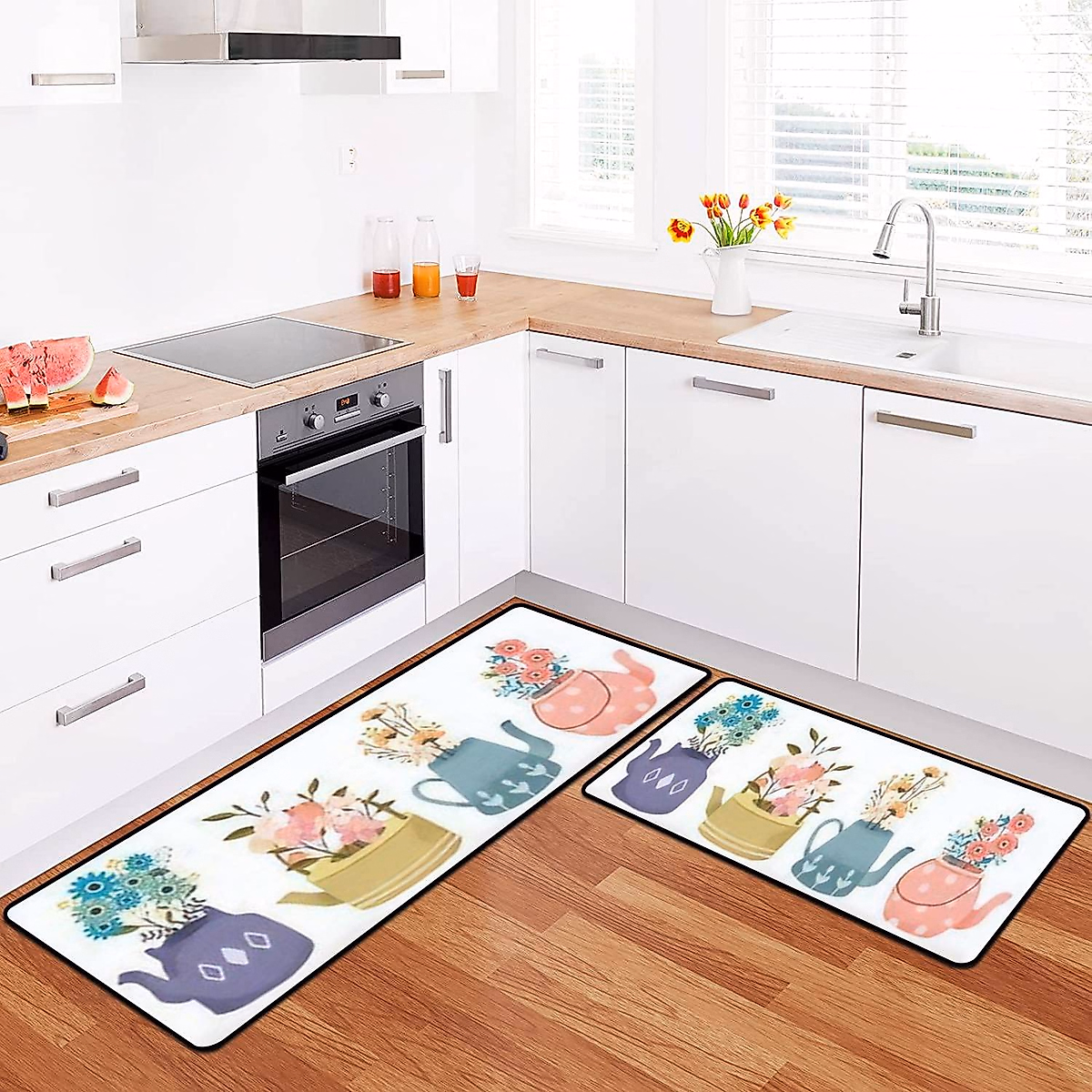 Kitchen Rugs Set Bouquet Flower teapot Set Graphic About Flower Kitchen Mat for Floor Non-Slip Washable Kitchen Runner Doormat Bath Rug Carpet Comfort Standing Mats Decorations