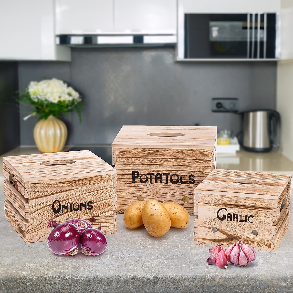 Frcctre 3 Pack Vegetable Storage Bins, Farmhouse Potato Onion Garlic Kitchen Storage Canisters Set, Wooden Stackable Vegetable Keeper with Lid and Aerating Holes for for Pantry Organization