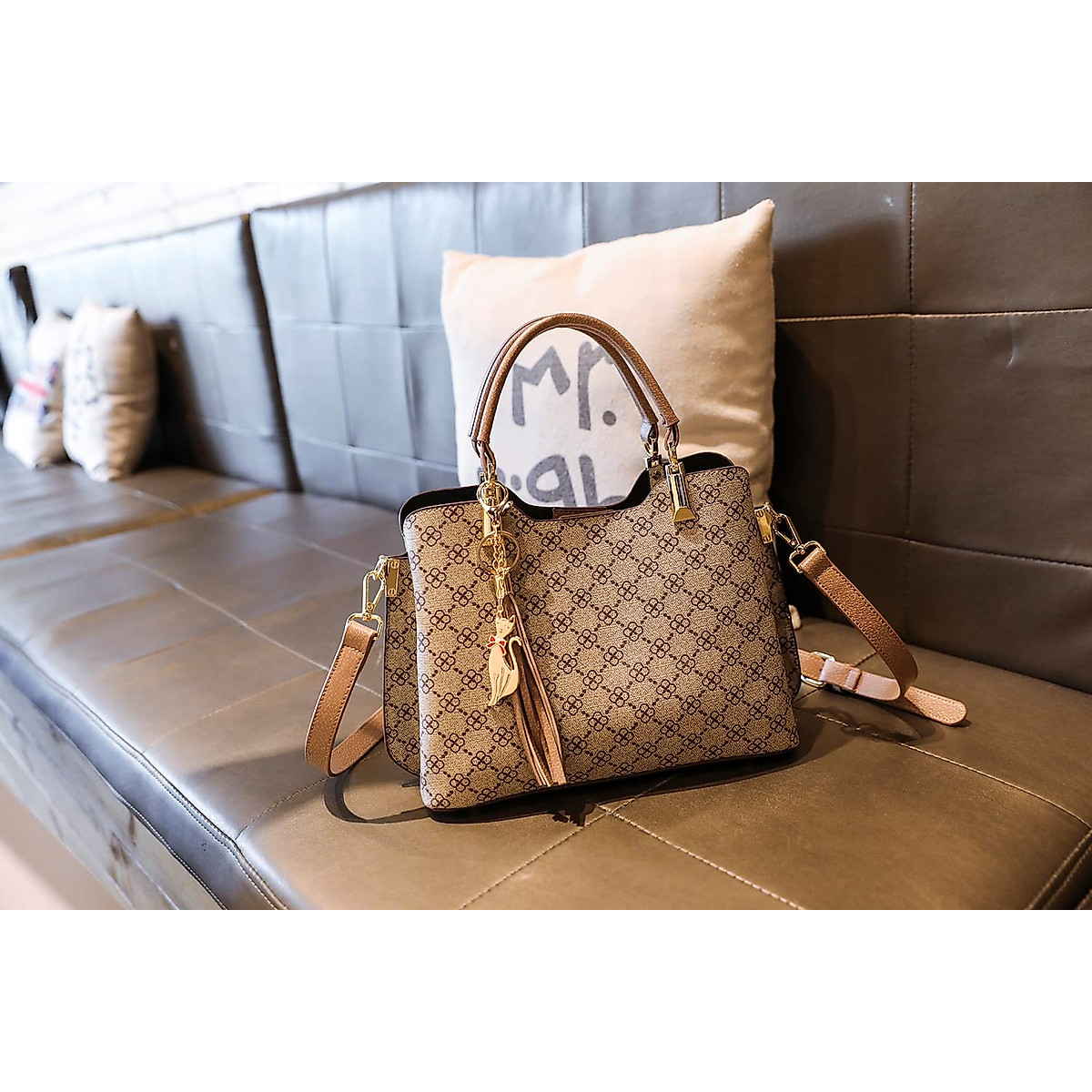 Eightown Beige Tote Bag for Women - Designer Top Handle Bag with Flowers Printing - High-capacity Shoulder Purse with Tassel Pendant(Beige strap)