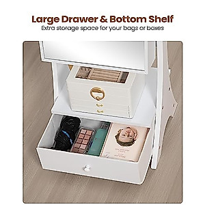 Hzuaneri 8 LEDs Jewelry Cabinet, 42.5" Tall Frameless Mirror Jewelry Armoire, Freestanding Makeup Jewelry Storage with 1 Drawer, 5 Shelves, Jewelry Organizer, White and Black JC14803B