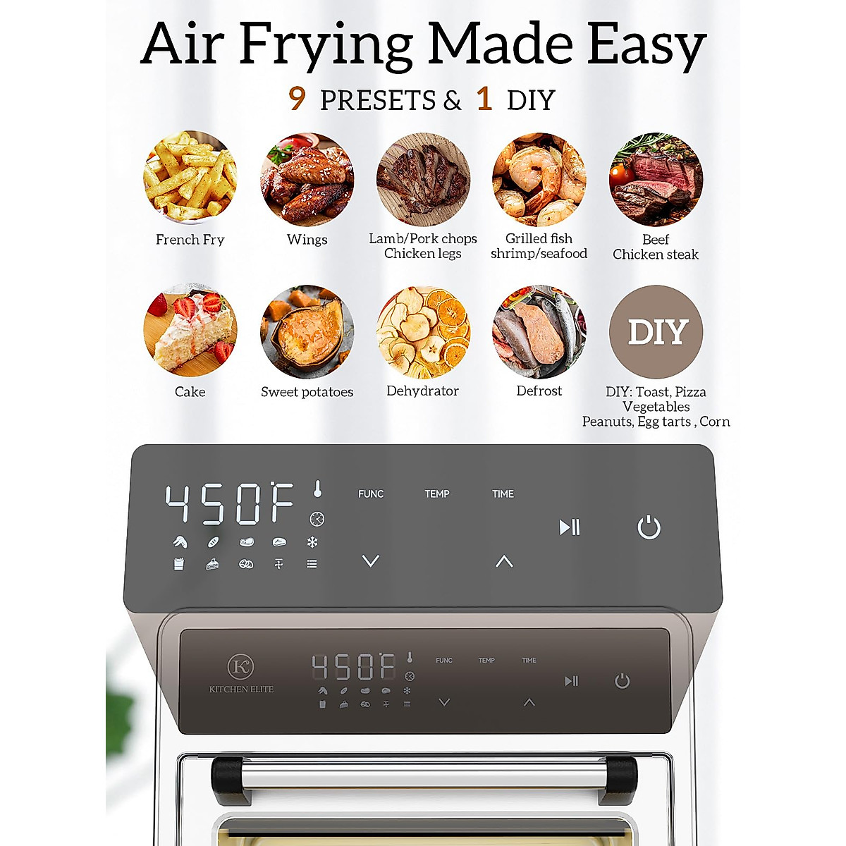 Air Fryer Toaster Oven Combo,10-in-1 12.6QT Compact Countertop Oven,9 Touch Screen Presets & 1 DIY Function,Easy Digital Controls,4 Accessories Included,Stainless Steel,Kitchen Elite