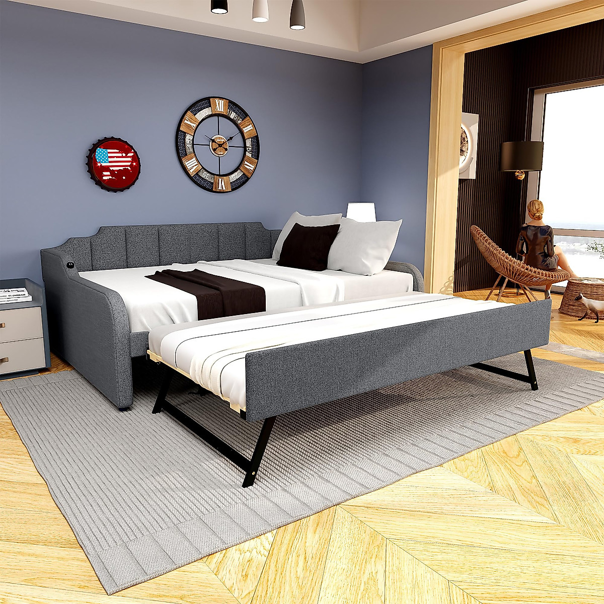 LUSPAZ Upholstered Elegant Daybed with Adjustable Pop Up Trundle and USB Charging Design, Full Size Sofa Bed with Button Design, Wood Slat Support Daybed for Family, Teens, (Gray + Pine)