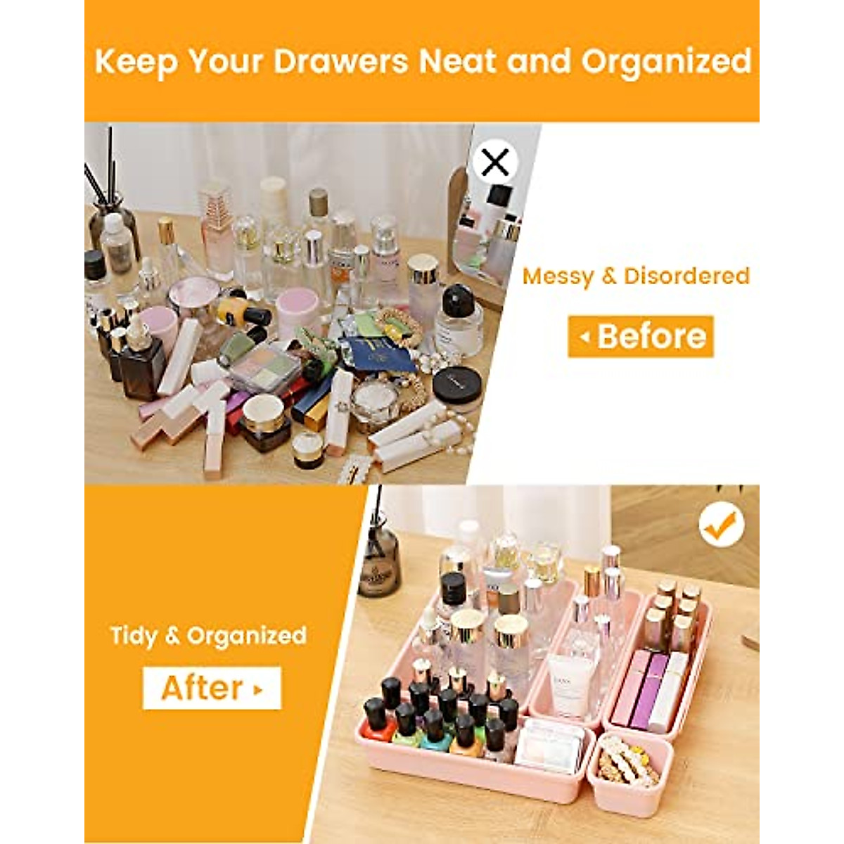 Famhap 16 PCS Pink Desk Drawer Organizers, Versatile Bathroom and Vanity Drawer Organizer Trays, Storage Bins for Makeup, Bedroom, Kitchen Gadgets Utensils and Office (Pink)