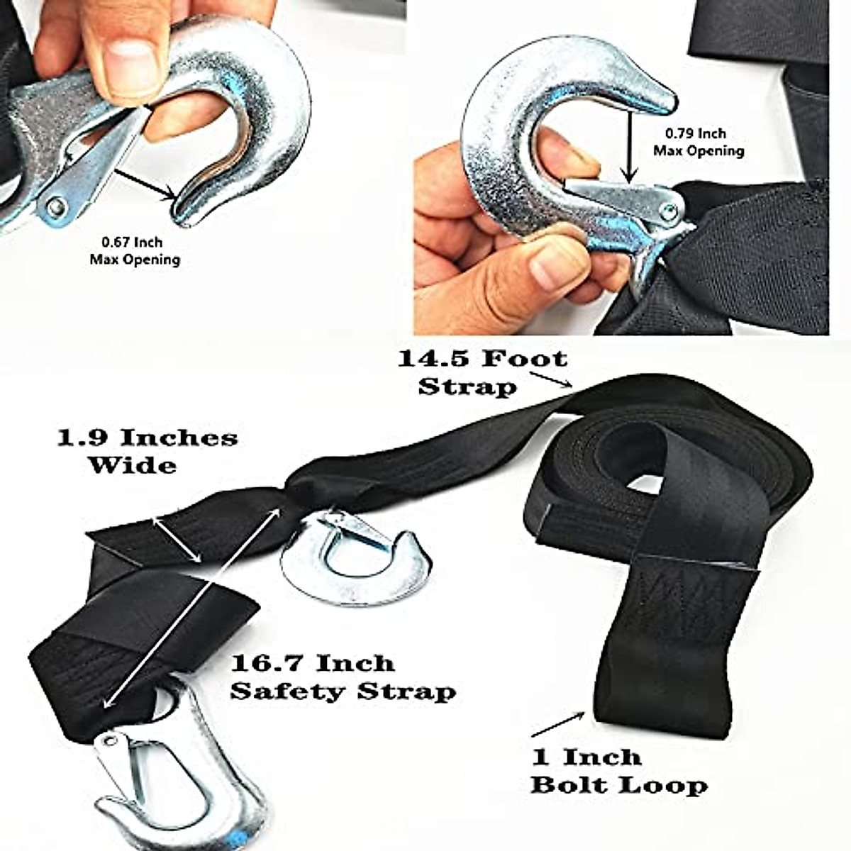 BRGMAX Boats Trailer Winch Hook Strap Wench Rope for Ranger Double Hook 16ft,1 Inch Loop on Opposite end for Attachment to Winch 9642019