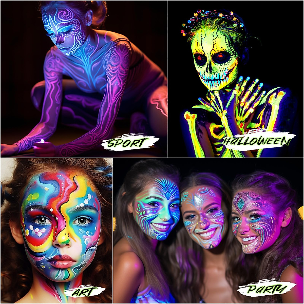 24 Colors Face & Body Paint with 2 Brushes UV Blacklight Neon Rainbow Face Painting Kit for Kids Adult Water Activated Graphic Eyeliner Glow In The Dark for Halloween, Cosplay, Parties & Stage Makeup