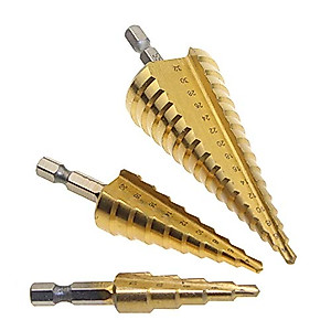 3Pcs HSS Titanium Coated Step Drill Bit Set, 1/4" Hex Shank Quick Change High Speed Steel Cone Drill Bit Kit for Plastic, Wood, Metal Sheet, Aluminum Hole Drilling (Metric 4-12mm/4-20mm/4-32mm)