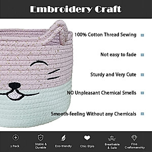 Small Woven Cotton Rope Storage Basket,2 Pack Cute Cat Cotton Rope Baskets with Handle,Baby Nursery Organizer for Toy Storage Bin | Pet Gift Basket for Cat,Dog,10 x 10 x 7 Inch