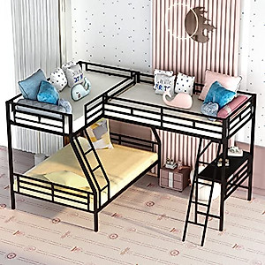 MERITLINE Metal L-Shaped Bunk Bed, Twin Over Full Bunk Bed with a Twin Loft Bed Attached,Triple Bunk Bed with Desk,3 Bed Bunk Beds with Guardrails and Ladder for Kids Teens Adults, Black