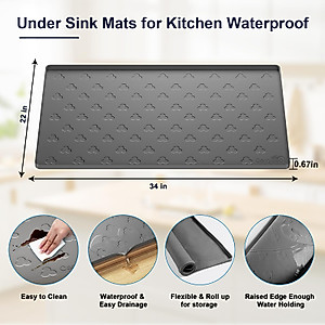 Under Sink Mat - Waterproof Kitchen Cabinet Tray - 34" x 22" Flexible Silicone Under Sink Liner with Drain Hole - Kitchen Bathroom Cabinet Mat and Protector for Drips Leaks Spills