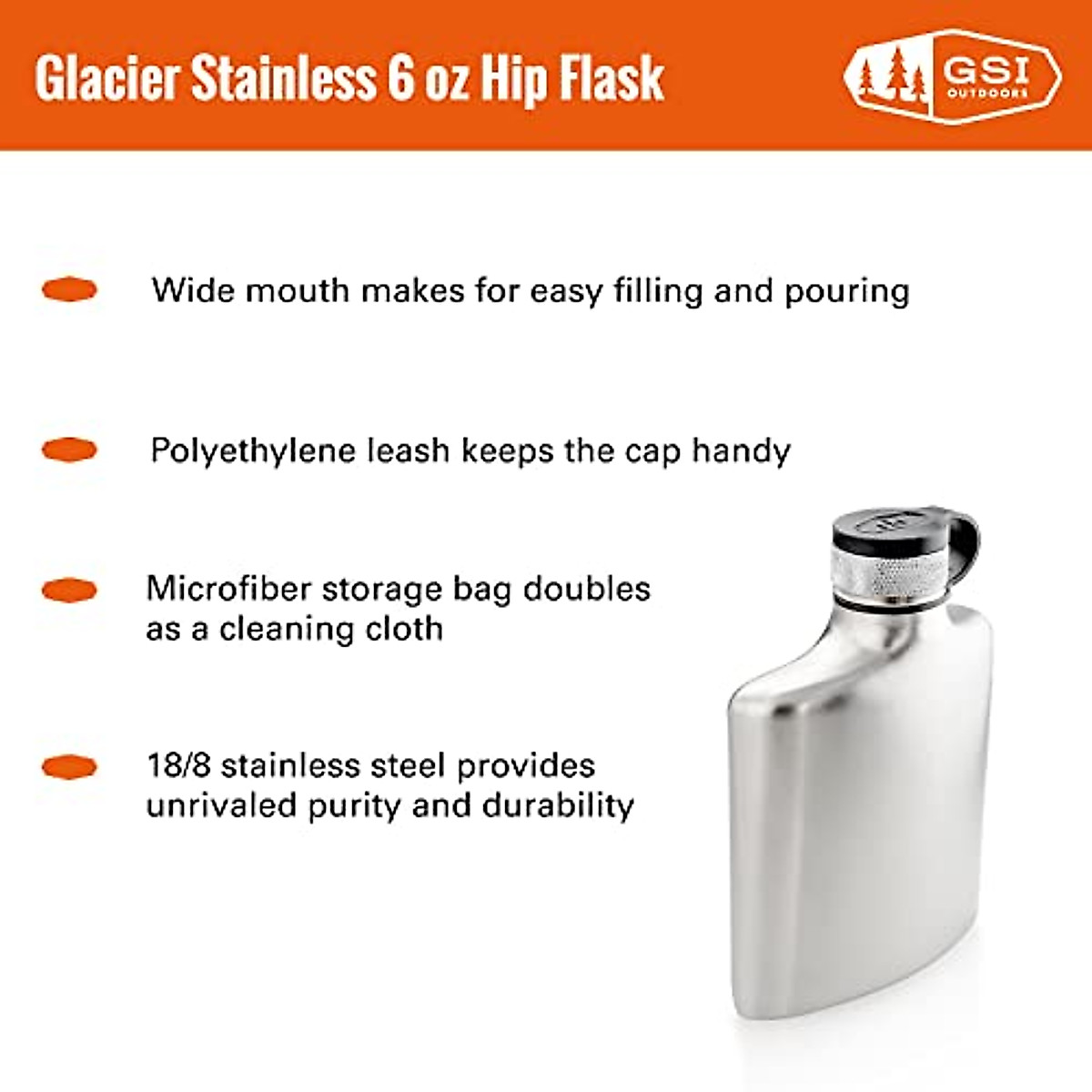 GSI Outdoors 66106 Glacier Stainless 6 Fl. Oz. Hip Flask