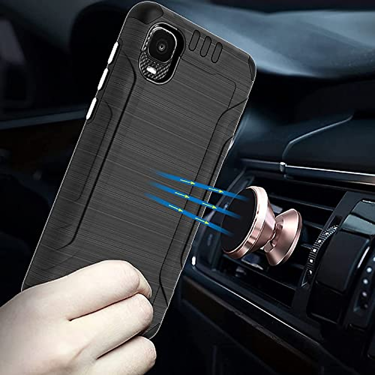 TJS Compatible with Alcatel TCL A3 A509DL Case/TCL A30 Case, with Tempered Glass Screen Protector, Magnetic Support Hybrid Shockproof Metallic Brush Finish Protector Phone Case Cover (Black)