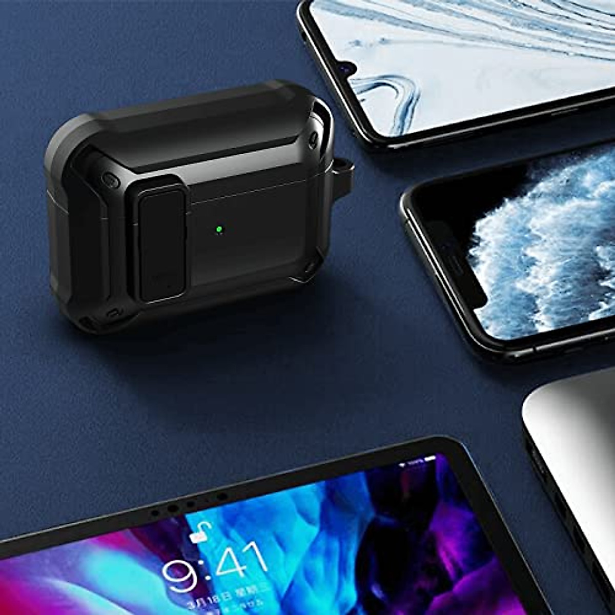 Vsagier for Airpods Pro Case Cover for Men with Lock, Military Armor Series Full-Body AirPod Pro Case with Keychain Cool Air Pod Pro Shockproof Protective Case for AirPods Pro, Black