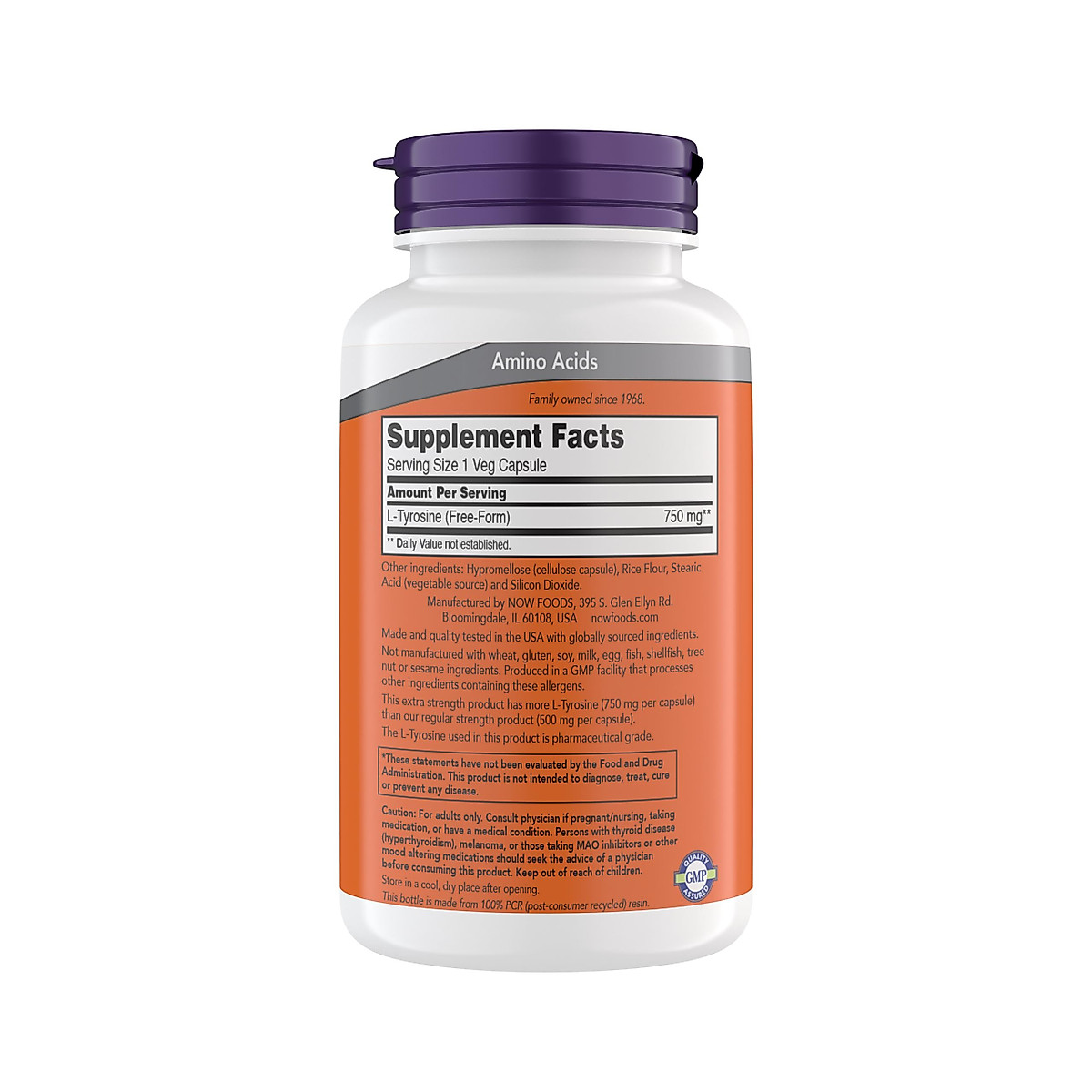 Now Supplements - L-Tyrosine Supplement, 750mg for Neurotransmitter Support & Mental Alertness, Extra Strength Pharmaceutical Grade, 180 Veg Capsules, Gluten Free, Non-GMO, Amino Acid