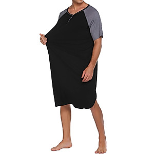Ekouaer Plus Size Nightshirts Men's Short Sleeve Nightwear Long Lightweight Kaftan Sleep Tops (Black,XXL)